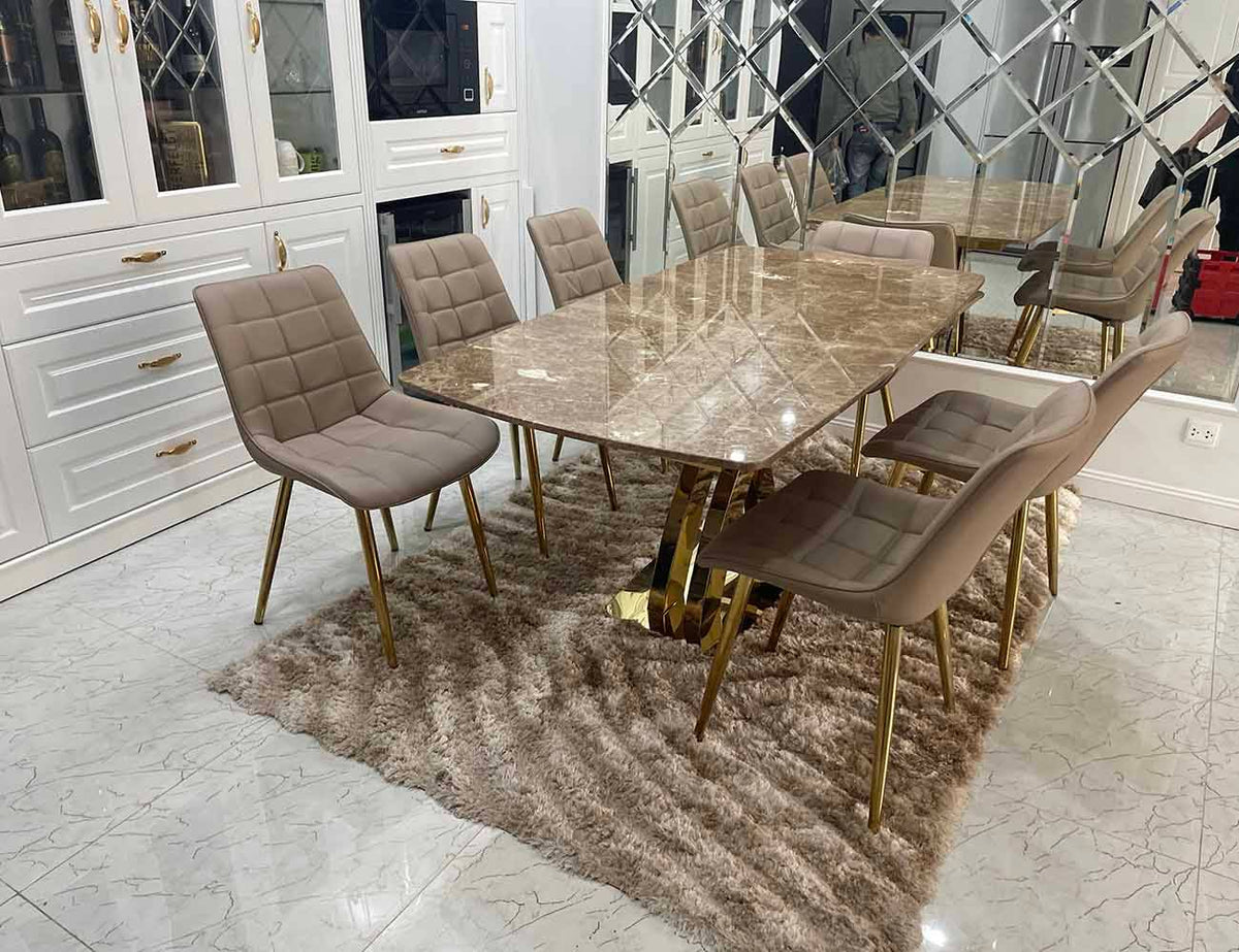 Bàn ăn chân chữ X cong, mặt đá tự nhiên Marble màu nâu nhạt Tây Ba Nha ...