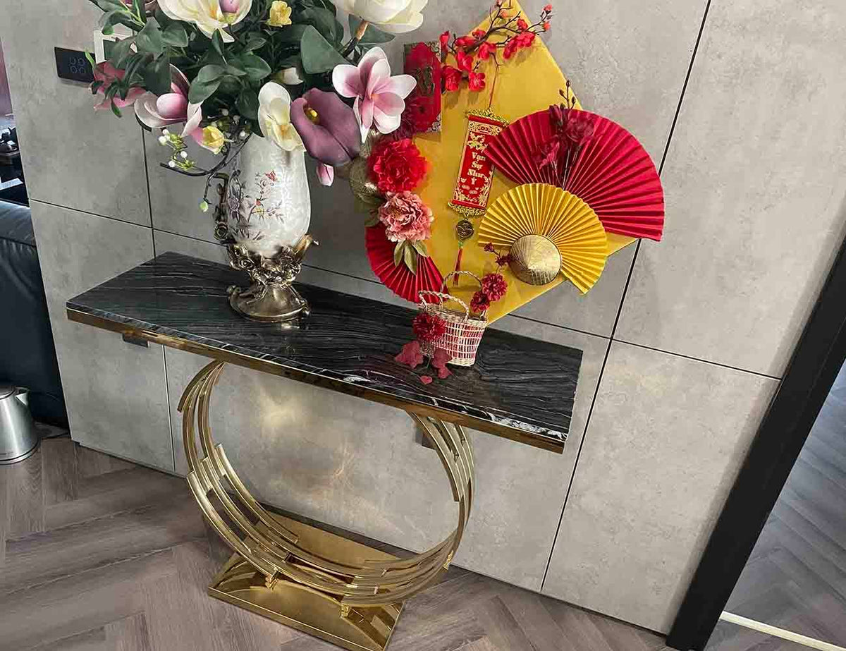 Sebastian - Bàn console trang trí, mặt đá tự nhiên Marble đen vân gỗ ...